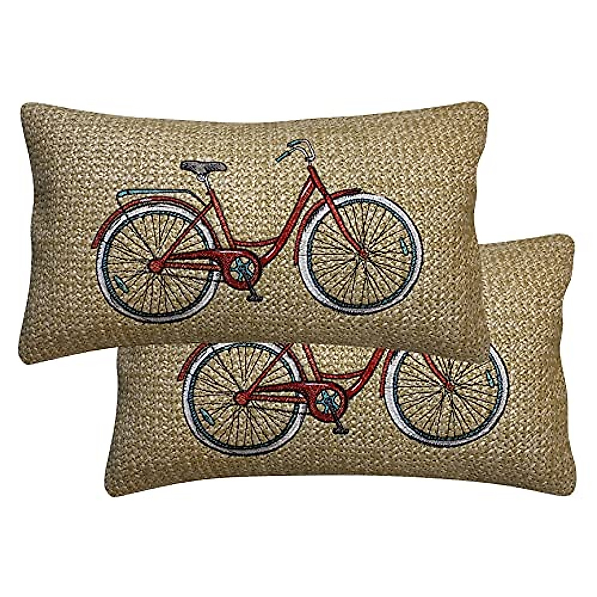 Honeycomb Indoor/Outdoor Raffia Bicycle Red Lumbar Toss Pillow: Woven Faux Jute, Recycled Polyester Fill, UV Resistant, Pack of 2 Pillows for Patio Furniture: 12” x 19” x 6”