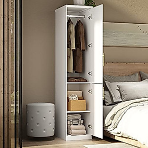 ECACAD Slim Wardrobe Armoire with 2 Doors, 3-Tier Shelves & Hanging Rod, Wooden Closet Storage Cabinet for Bedroom, White (15.7”W x 19.3”D x 74.8”H)