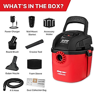 Shop-Vac Wet Dry Cordless Vacuum Cleaner, 8.0 Peak Kpa Cordless Vacuum Cleaner with Collapsible Handle Wall Bracket & Multifunctional Attachments, Portable Compact Shop Vacuum for Home, Car, Jobsite