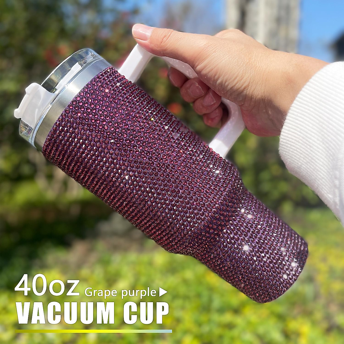 Cupcupmore 40oz Grape Purple Bling Rhinestone Stainless Steel Sippy Tumbler Glitter Vacuum Insulated Water Bottle with Straw & Lid &Handle,Thermos for Hot & Cold Drinks,Car Cup Holder,Coffee