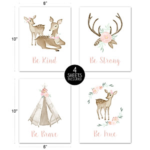 Sweet Jojo Designs Blush Pink and Mint Wall Art Prints Room Decor for Baby, Nursery, and Kids for Boho Woodland Deer Floral Collection - Set of 4 - Be Kind, Be Strong, Be Brave, Be True