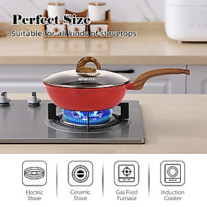 Minluful 11 Inch Nonstick Deep Frying Pan with Lid, Ceramic-Coated Skillet Wok Saute Pan with Wooden Handle