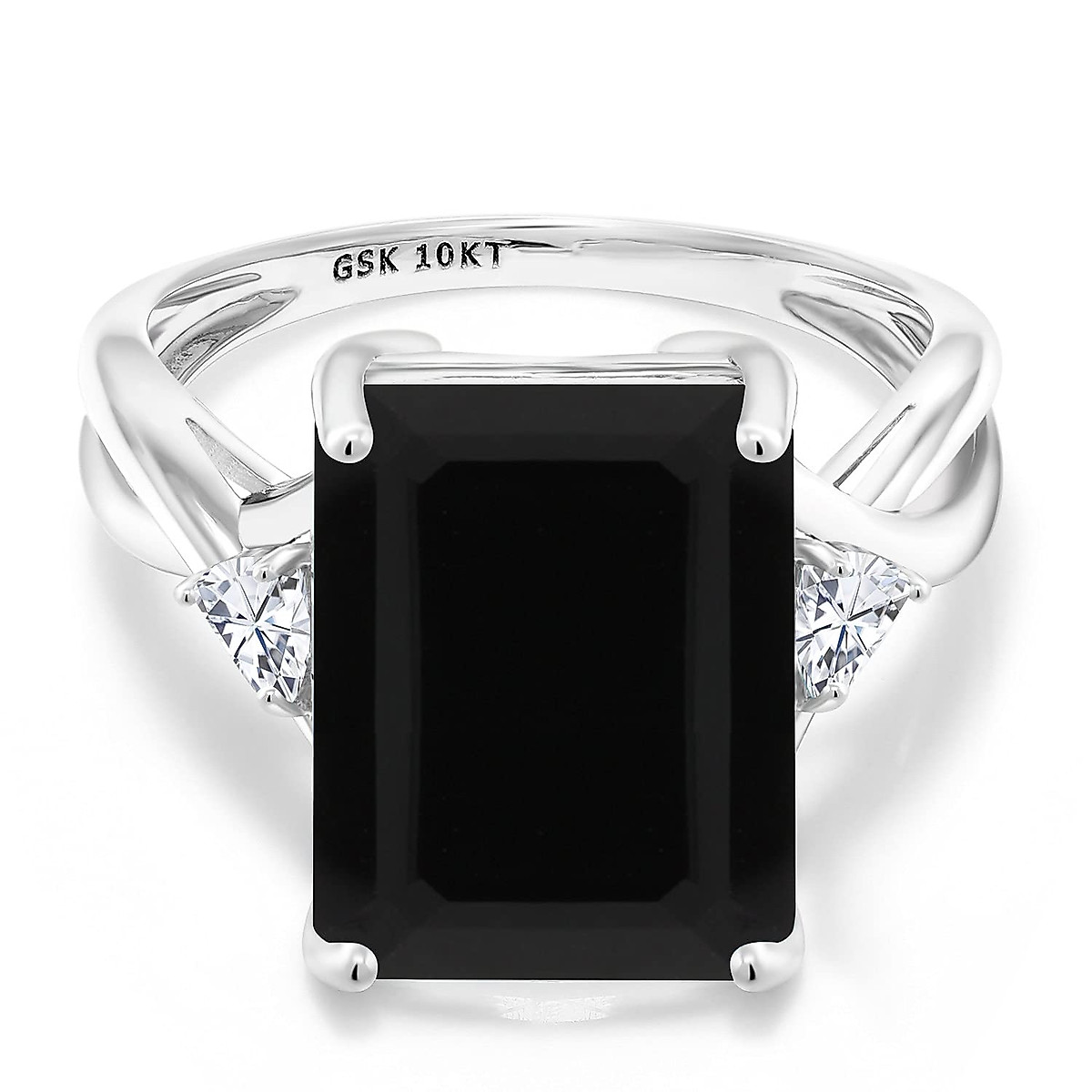 Gem Stone King 10K White Gold Black Onyx and White Moissanite 3 Stone Engagement Ring For Women (7.06 Cttw, Emerald Cut 14X10MM, Trillion 4MM, Size 7)