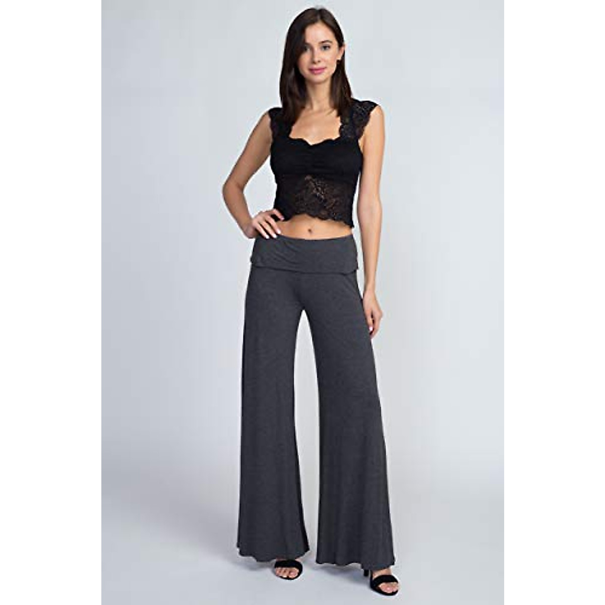 YELETE Women's Fashion Colorful Printed High Waist Fold Over Wide Leg Palazzo Pants (Medium, Heather Charcoal)