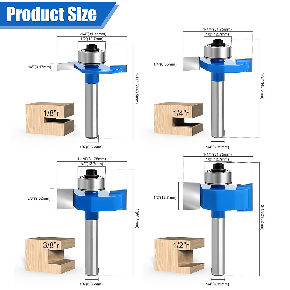 4PCS 1/4 Inch Shank Rabbet Router Bits with 6 Bearings Set (1/16", 1/8", 3/16", 1/4", 5/16", 3/8" Bearings) for Wood Grooving, Interchangeable Bearings with 1/2" to 1/4" Router Collet