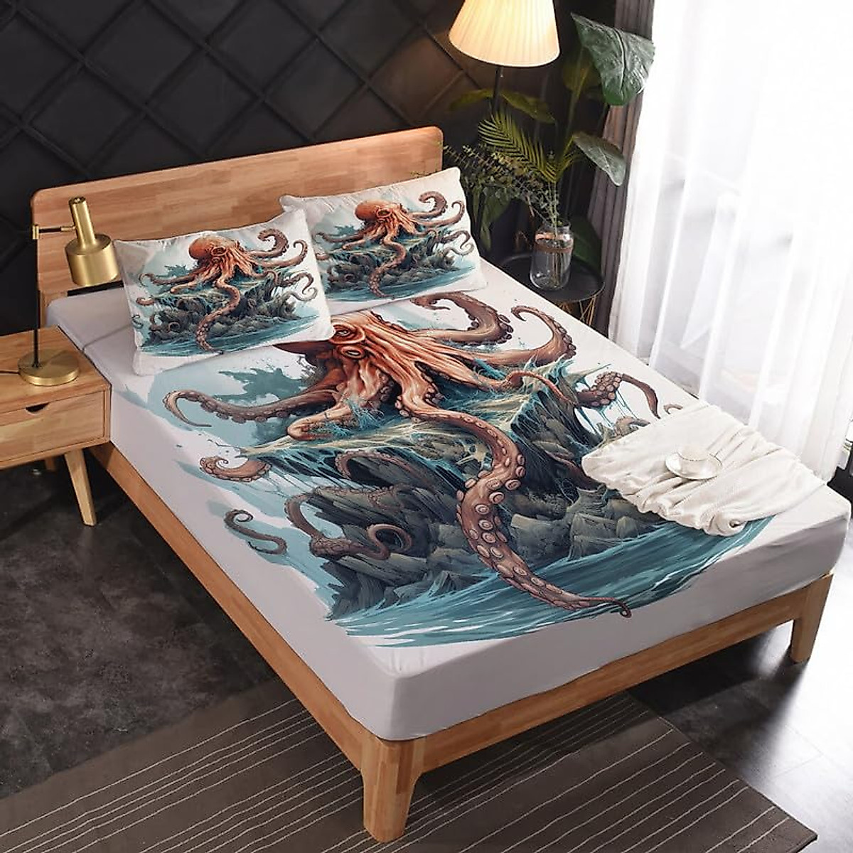 zcsm Octopus Sheets Full Size - Kraken Bed Sheets, Soft Microfiber & Deep Pocket & Wrinkle Free Patterned Bedding Sheets & Pillowcases, 4 Piece (1 Fitted Sheet, 1 Flat Sheet, 2 Pillow Cases)