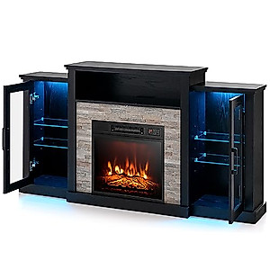 Tangkula Electric Fireplace TV Stand, Electric Fireplace Mantel with 16-Color Led Lights, Adjustable Glass Shelves, Remote & Smart APP Control, TV Console for Living Room (Black)