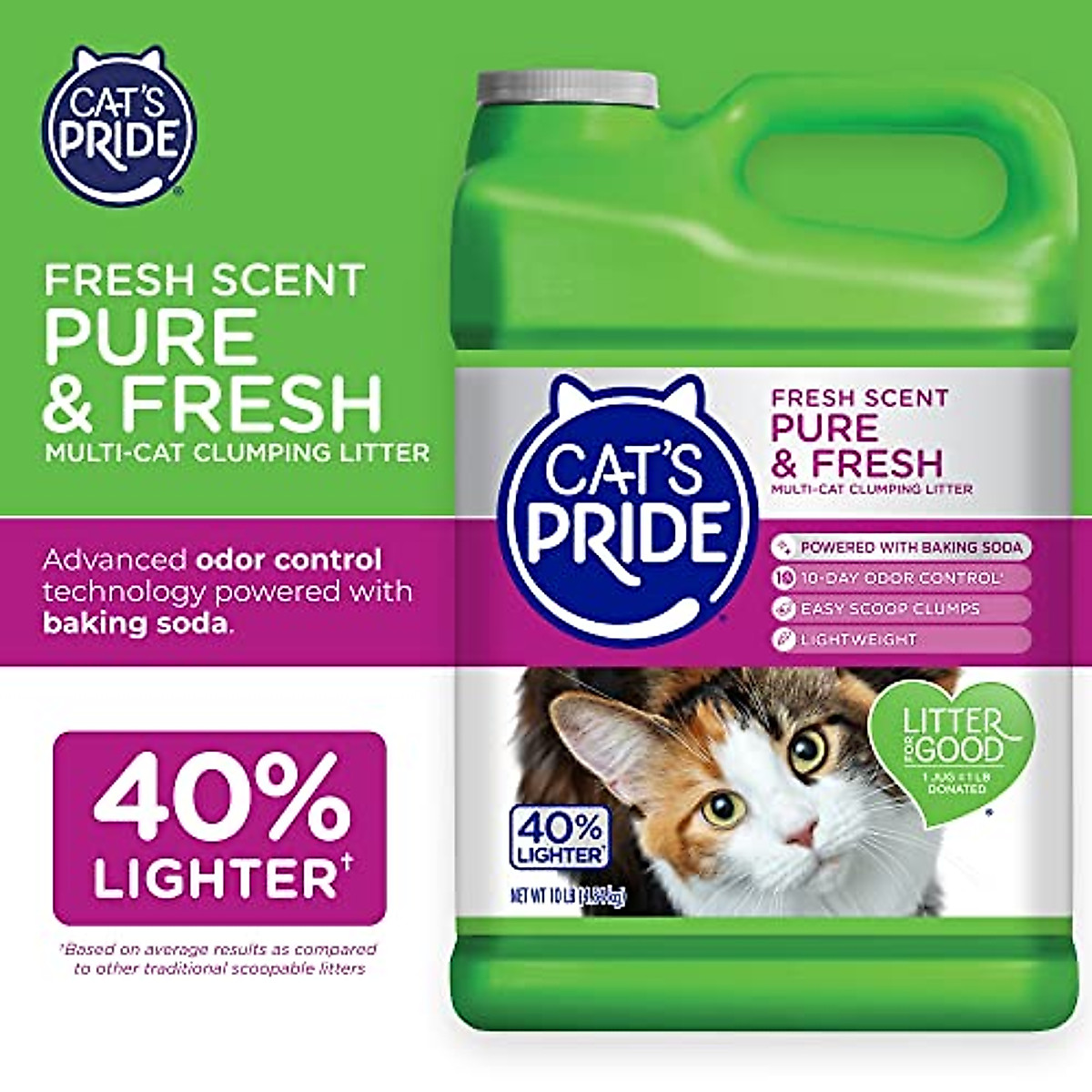 Cat's Pride Premium Lightweight Clumping Litter: Pure & Fresh - Up to 10 Days of Powerful Odor Control - Multi-Cat, Scented, 10 Pounds