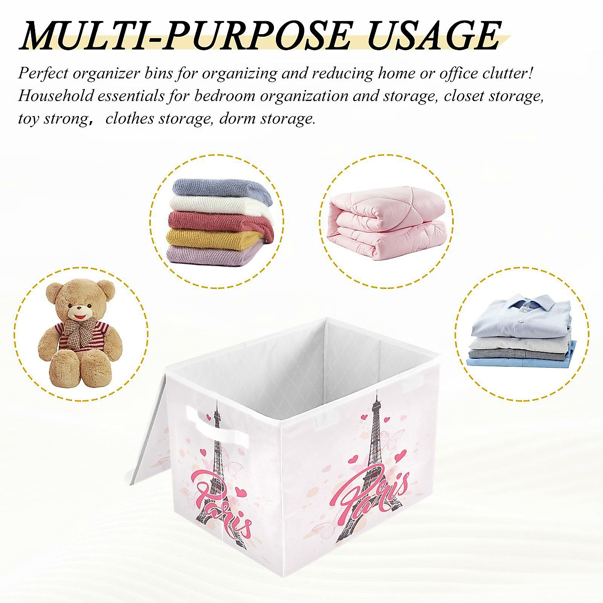 SUABO Paris Eiffel Tower Storage Bin with Lid, Pink Large Oxford Cloth Butterfly Love Storage Boxes Foldable Home Cube Baskets Closet Organizers for Nursery Bedroom Office