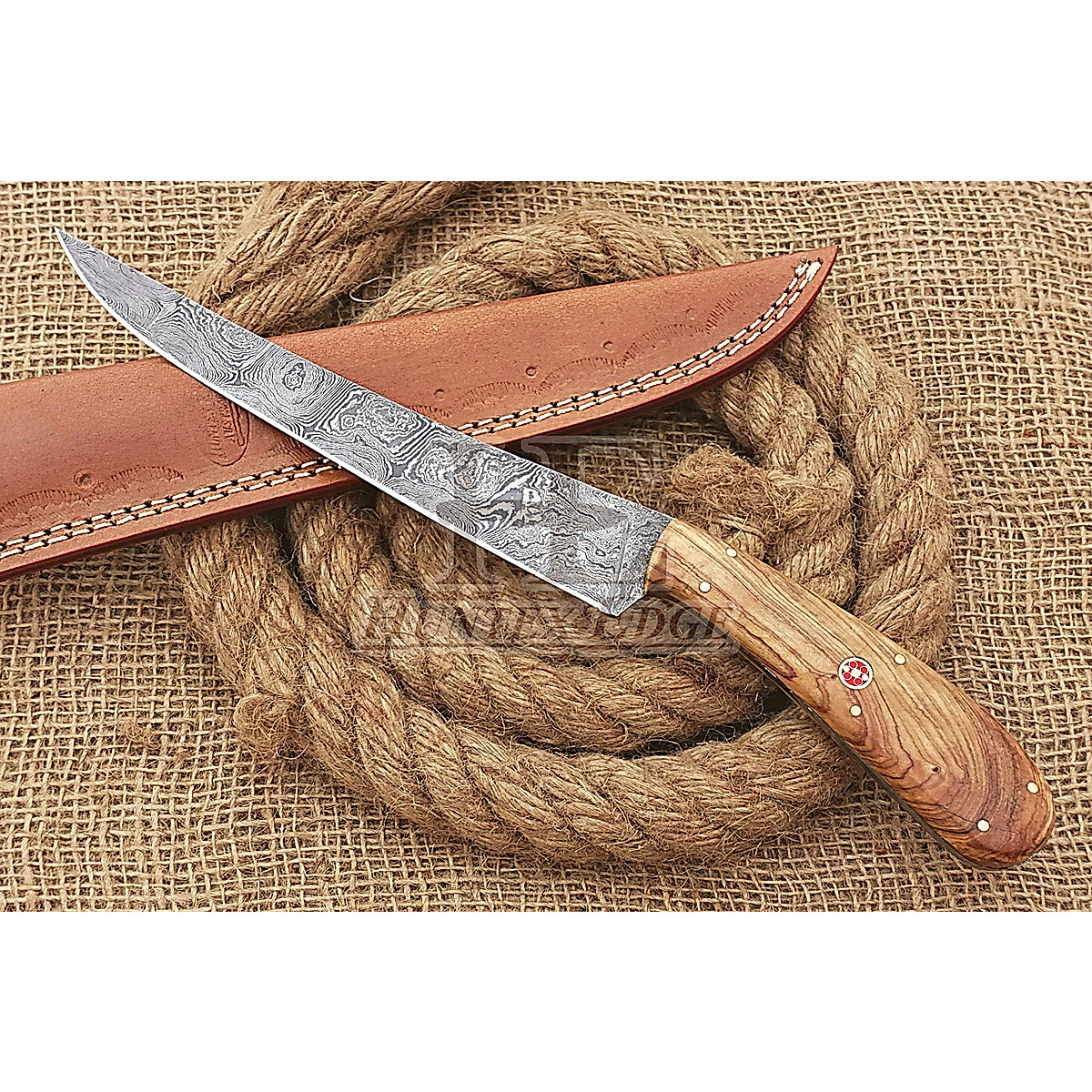 HUNTEX Handmade Hand-Forged Twist Pattern Damascus Steel 11.5 Inch Long Full Tang Olive Wood Handle Razor Sharp Hunting Camping Fillet Knife w/Genuine Leather Pouch