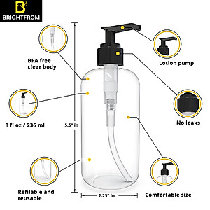 BRIGHTFROM Empty Lotion Pump Bottles 8 Oz, Refillable Plastic Containers, BPA-Free PETE1, Clear, Great for - Soap, Shampoo, Lotions, Liquid Body Soap, Creams and Massage Oil's (Pack of 2, Black)
