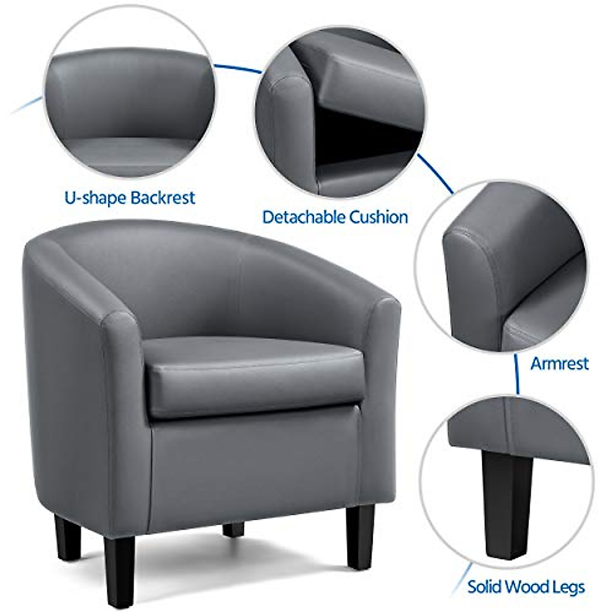 Yaheetech Barrel Chair, Accent Chair Faux Leather Club Chair Comfy Armchair Modern Style Tub Chair for for Living Room Bedroom, Gray