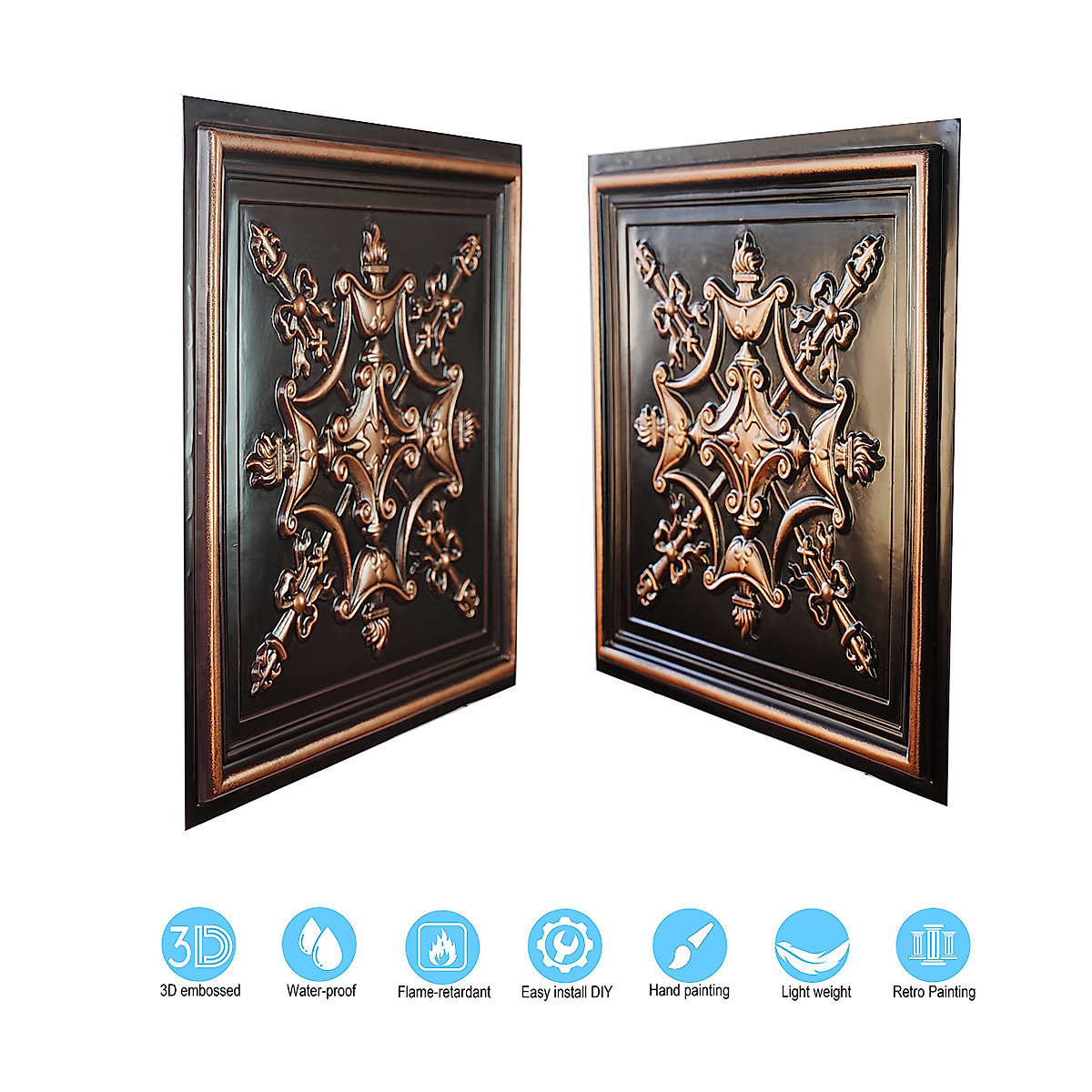 PAINTSDECOR PVC Tin Ceiling Tiles 3D Stereo Embossed Panel Antique Suspended Ceiling Board for Cafe Club Salon 2'x2' PL07 Traditional Copper 10pcs/lot