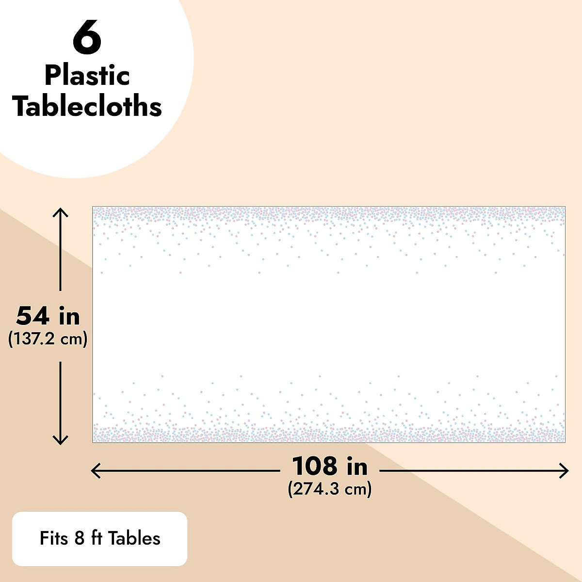 Plastic Table Covers with Pink and Blue Confetti for Gender Reveal (54 x 108 in, 6 Pack)