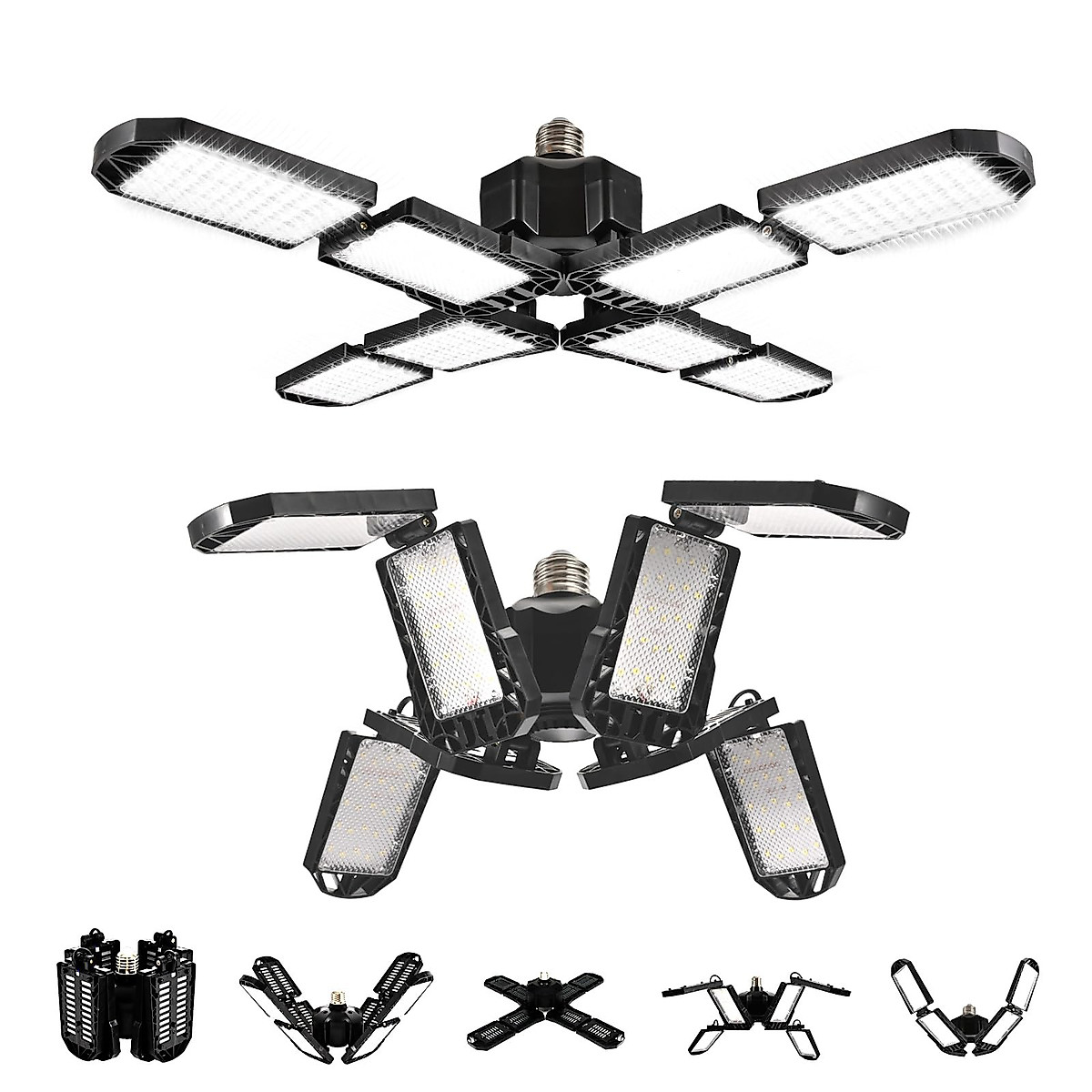 Garage Led Lights 2 Pack, 100W Super Bright LED Garage Lighting, 15000LM, 6500K LED Garage Ceiling Lights with E26/E27 Base, Easy Installation, 8-Leaf Deformable Lights for Garage, Workshop, Warehouse