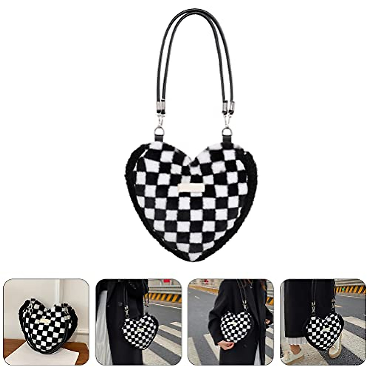 LUOZZY Lattice Pattern Plush Tote Bag Fashion Shoulder Bag Women Cross Body Bag for - Black and White Checkered