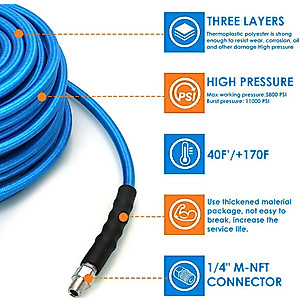 100FT Sewer Jetter Kit for Pressure Washer, 5800PSI Drain Cleaner Hose 1/4 Inch NPT Corner, Rotating Button Nose Sewer Jetting Drain Jetter Hose Nozzle Pearl Corsage Pin Spanners, Blue