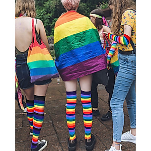 Chuarry 8 Pairs Women's Rainbow Thigh High Socks Fingerless Arm Warmer Set Long Striped High Socks Leg Warmers for Pride Fest(Mixed Color,Classic Style)