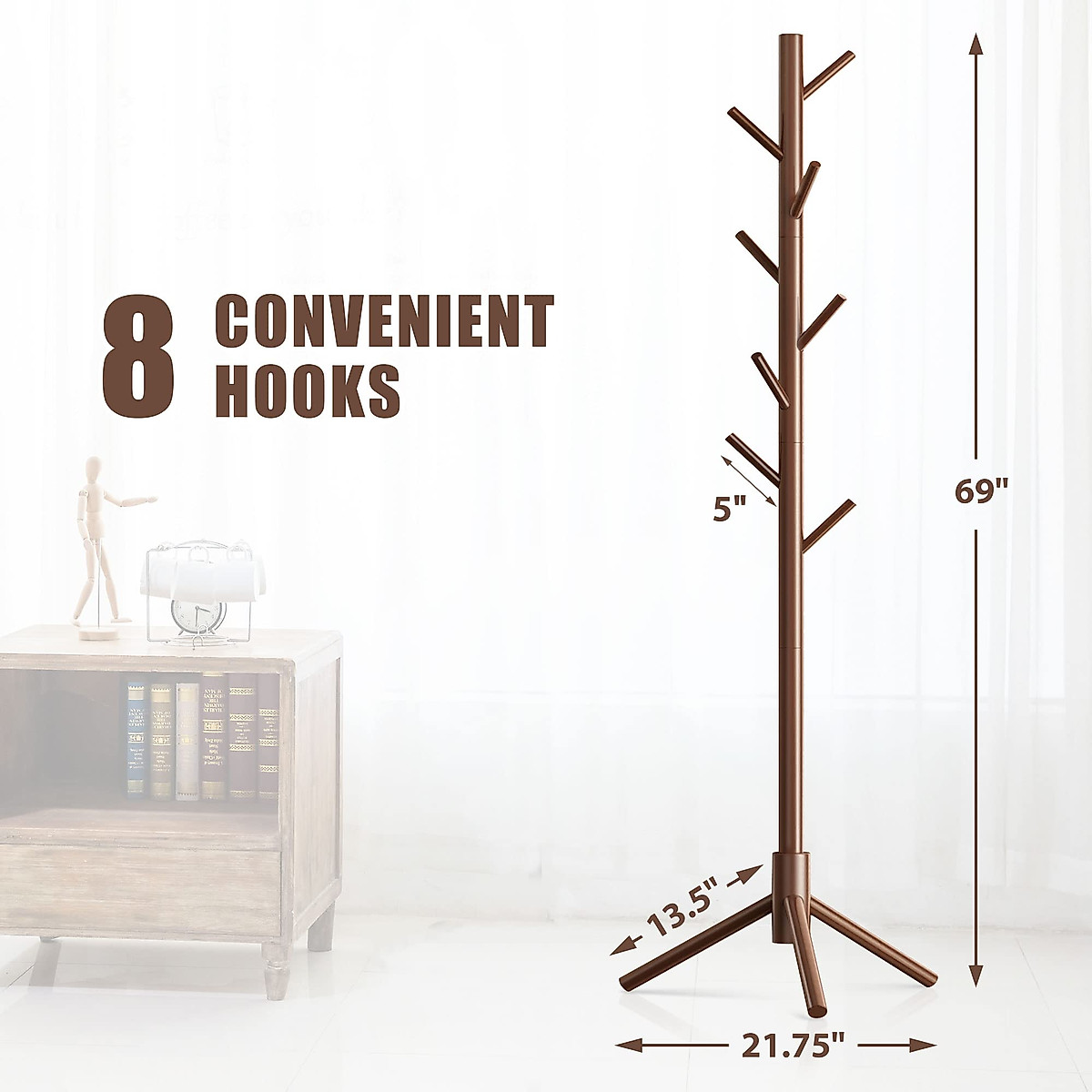 Haddockway Wooden Coat Rack Stand with 8 Hooks New Zealand Pine 3 Adjustable Coat Standing Tree Easy Assembly for Coats, Hats, Scarves and Handbags for Entryway, Hallway, Bedroom, Office,2 PCS