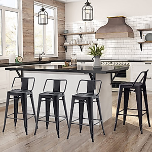 Andeworld Bar Stools Set of 4 Counter Height Stools Industrial Metal Barstools with Backrests (24 inch, Black)