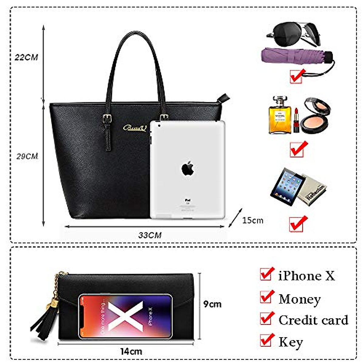 BestoU Handbags for Women Black Large Shoulder Tote Bag for Ladies Purses and Handbags Set