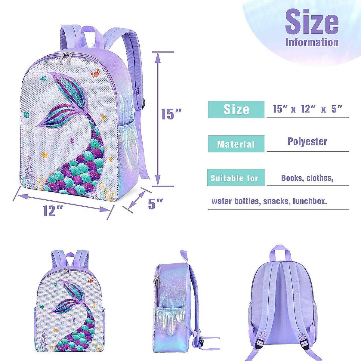 WERNNSAI Mermaid Kids Backpack - Sparkly Sequins School Backpack for Little Kids Girls Preschool Kindergarten Elementary 15” Lightweight Hiking Travel Casual Book Bag