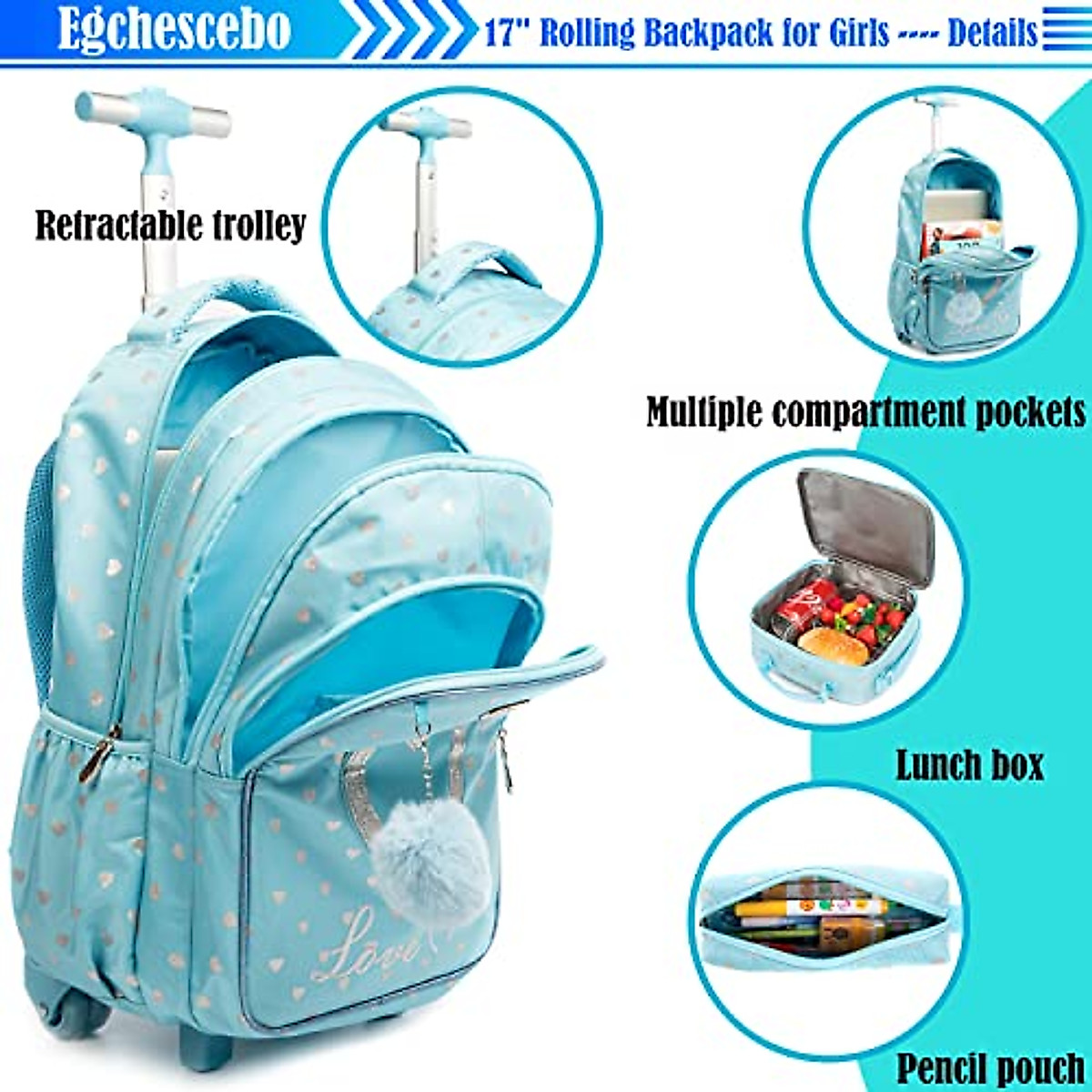 Egchescebo Kids Love Heart Rolling Backpack for Girls Suitcases Trolley Backpacks with Wheels Roller Luggage on Wheels with Lunch Box Pencil Case for Elementary Travel School Bag Blue