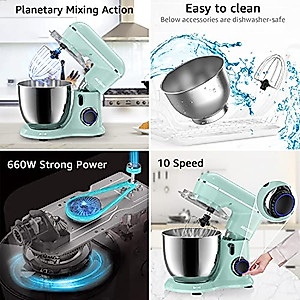 AILESSOM 3-IN-1 Electric Stand Mixer, 660W 10-Speed With Pulse Button, Attachments include 6.5QT Bowl, Dough Hook, Beater, Whisk for Most Home Cooks, Agave Green