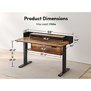FEZIBO 55" Electric Standing Desk with Shelves, 55 x 24 Inch Sit Stand Rising Desk with Monitor Stand and Storage, Ergonomic Home Office Computer Desk, Rustic