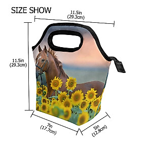 senya Lunch Bag Horse Sunflowers Printed Neoprene Tote Reusable Insulated Gourmet Lunchbox Container Organizer School Picnic Carrying For Men, Women, Adults, Kids, Girls, Boys