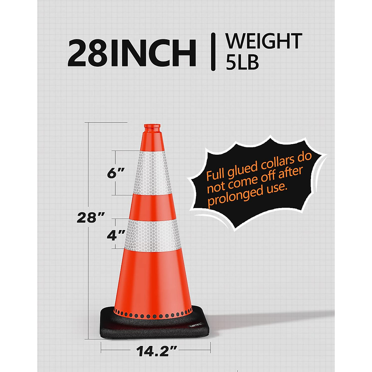 (8 Pack) BATTIFE Traffic Cones 28 Inch with Black Weighted Base,Durable PVC Orange Cone for Traffic Control,Construction Events, Driveway Road Parking Lot