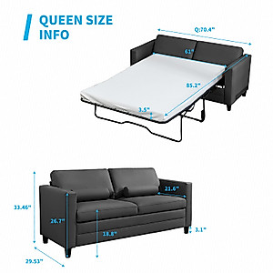 Mjkone Faux Leather Pull Out Sofa Bed, Queen Size Convertible Sleeper Sofa, 2-in-1 Modern Loveseat Couch Bed with Memory Form Mattress for Living Room, Office and Apartment, Grey