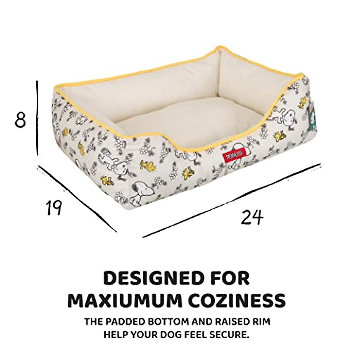Peanuts for Pets Snoopy & Woodstock Cuddler Dog Bed in Beige | Elevated Dog Bed With Raised Rim | Plush and Comfortable Machine Washable Dog Bed for All Dogs, 24" x 19" x 8"