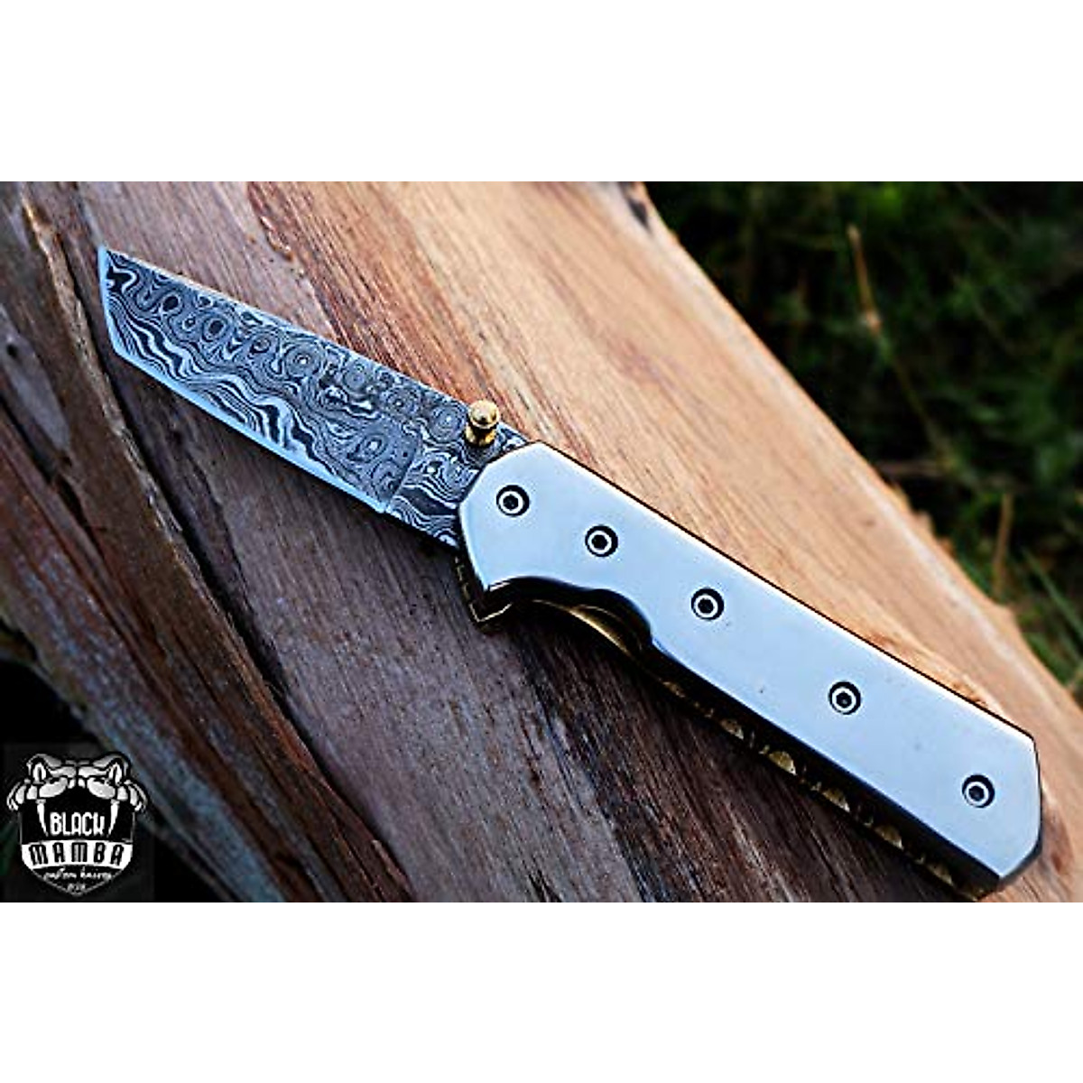 BLACK MAMBA KNIVES Damascus Pocket Knife with Clip, Folding Knife, Damascus Steel Folding Pocket Knife Folding Hunting Knife