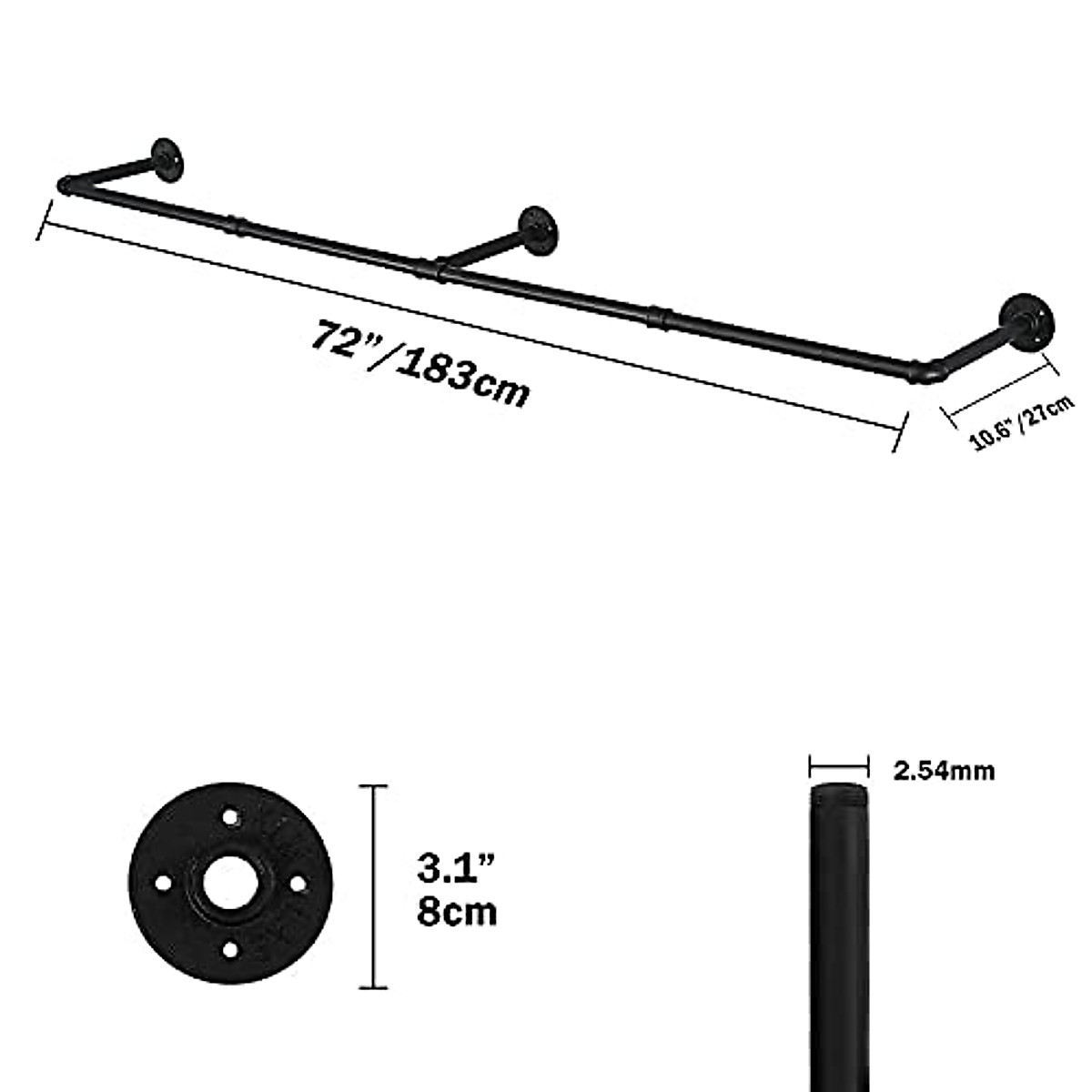 72inch Industrial Pipe Clothes Rack Wall Mount For Hanging Rod Bar for Laundry Room Up to Max Load 135Lb Black (72inch(1 Pack))
