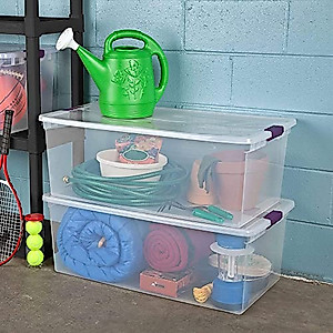 Sterilite 110 Qt ClearView Latch Storage Box, Stackable Bin with Latching Lid, Plastic Container Organize Clothes in Closet, Clear Base, Lid, 16-Pack