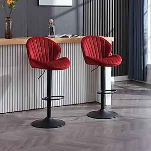 SZLIZCCC Shell Barstools Set of 2, Black Chassis Adjustable Swivel Bar Stool, Velvet Mid Back Bar Chair,Kitchen Counter Stool (Red)