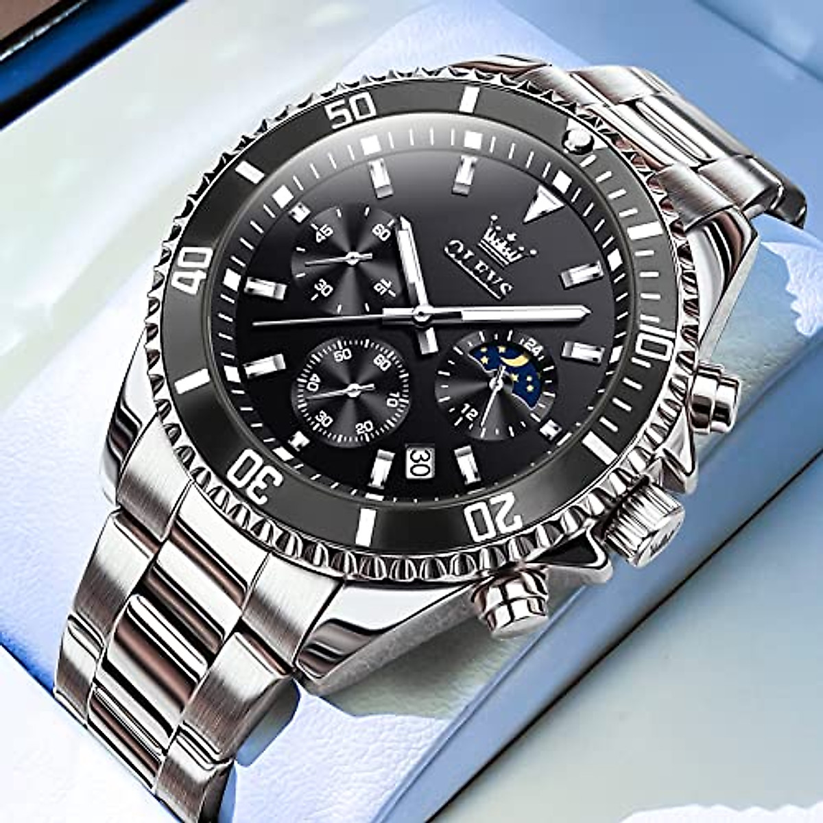OLEVS Black Silver Watches for Men Classic with Date Business Dress Chronograph Big Face Reloj para Hombre Waterproof Luminous Mens Wrist Watch Analog Party Fashion Stainless Steel Man Watch