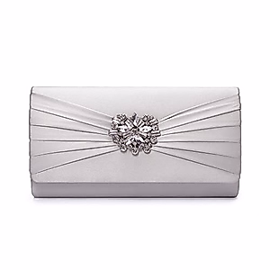 Mulian LilY M102 Silver Evening Bags For Women Pleated Satin Rhinestone Brooch Prom Clutch Purse With Detachable Chain Strap Silver
