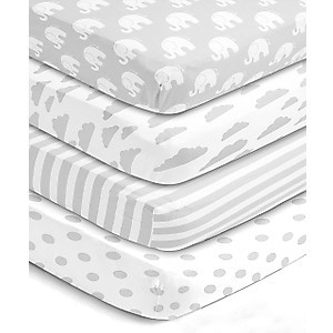 BaeBae Goods Premium Crib Sheets for Baby Boys and Girls, 3 Pack, Soft and Breathable Jersey Cotton Fitted Sheet Set, Grey and White, Cute Gender Neutral Nursery Mattress Bedding, Universal Fit