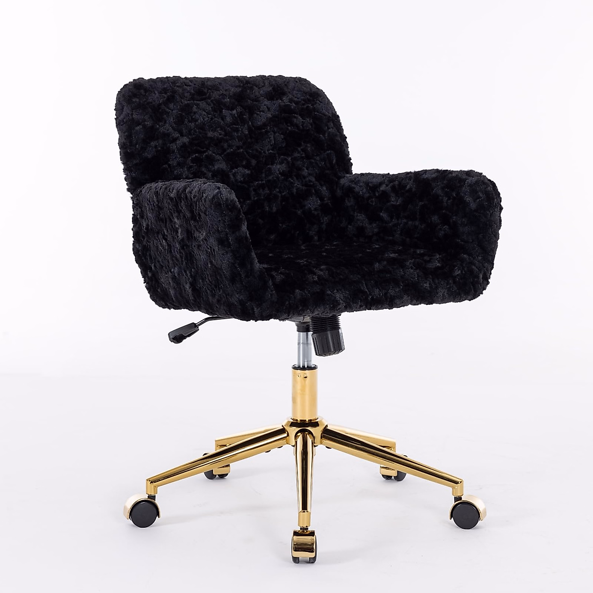 HomVent Furry Cute Office Chair, Modern Black Faux Fur Desk Chair, Faux Fur Makeup Vanity Desk Chair with Wheels & Gold Base,Ergonomic Adjustable Swivel Desk Chair for Girls Women Vanity Bedroom Study