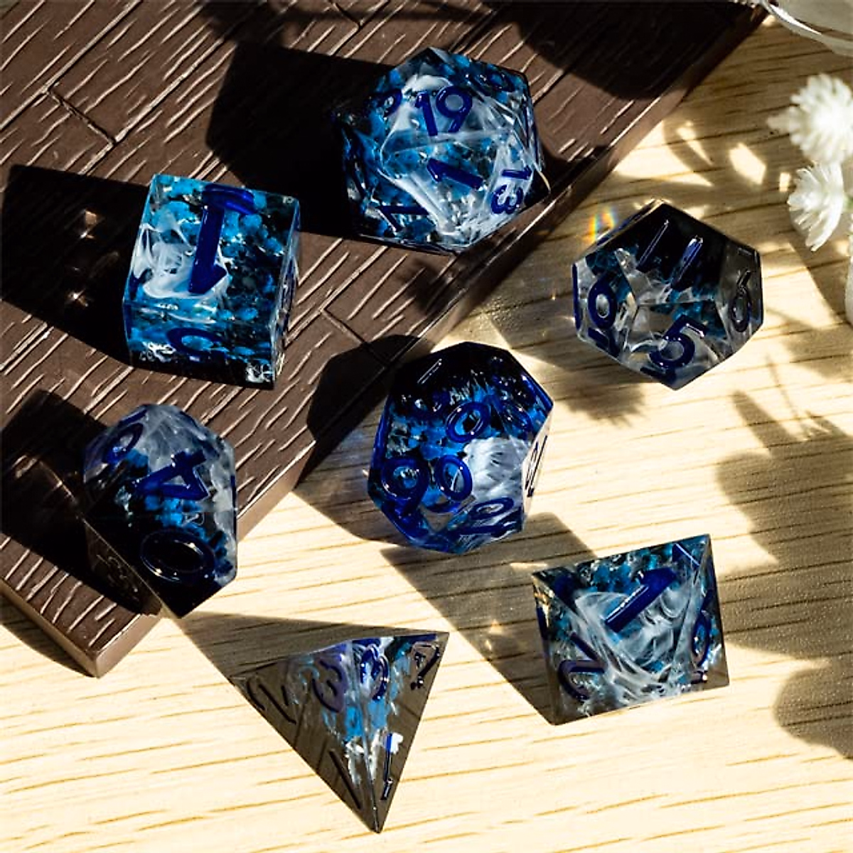 Glow in The Dark Winter Storm Sharp DND Dice Set with Leather Dice Box - for Dungeons and Dragons, D&D, Sharp Edge, D20 Polyhedral Resin Dice, Dungeons and Dragons Gifts, Accessories