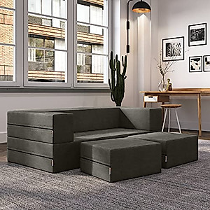 Jaxx Zipline Convertible Sleeper Loveseat & Ottomans, Textured Microvelvet - Charcoal