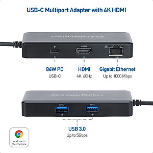 Cable Matters [Works with Chromebook Certified] 4K@60Hz USB C Hub HDMI, USB-C Multiport Adapter with HDMI, 2X USB 3.0, Gigabit Ethernet, and 86W PD