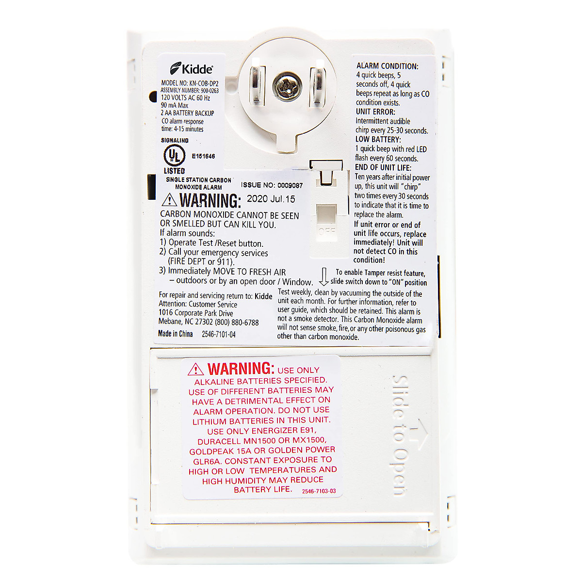 Kidde Carbon Monoxide Detector, AC Plug-In with Battery Backup, CO Alarm with Replacement Alert