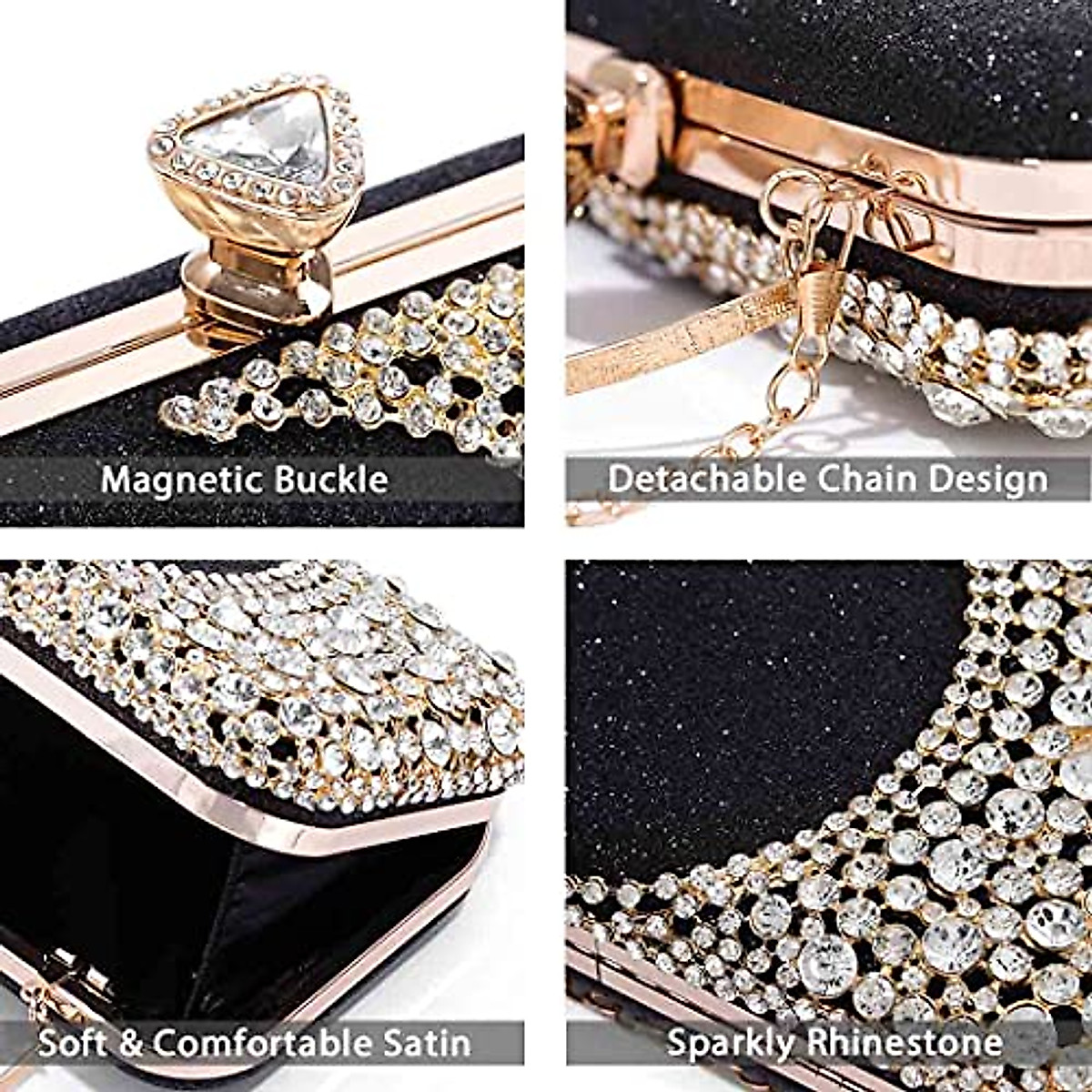 Yokawe Womens Rhinestone Evening Bags Sparkly Crystal Purse Clutch Bride Wedding Party Prom Handbag (Black)