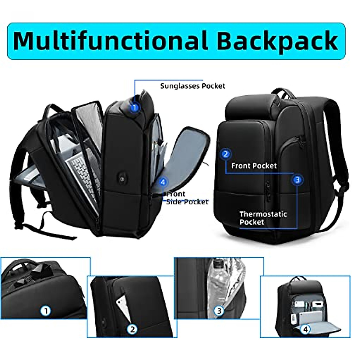 GYakeog Backpack for Traveling on Airplane, Travel Backpack for Men Women 17.3 inch Laptop Backpack large Travel Backpacks Carry on Work Backpack Waterproof Charge Antitheft Black
