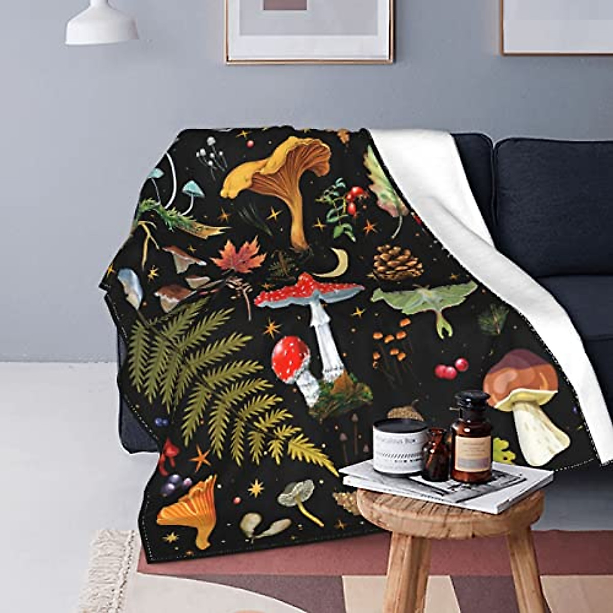 Mushrooms Throw Blanket Dark Wild Forest Blanket Soft and Lightweight Flannel Throw All Season Suitable for Use in Bed, Sofa, Living Room and Travel 50"x40"