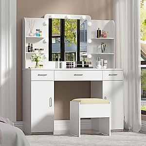 Xilingol Vanity Desk with Mirror and Lights, 45.3" Vanity Set with Mirror and Stool, Large Makeup Vanity with Drawers and Cabinets, Vanity for Bedroom, Makeup Room, White