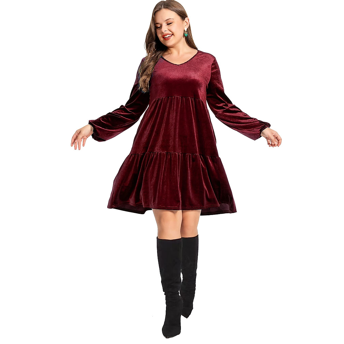 EORANF Womens Plus Size Velvet Dress Long Sleeve Christmas High Waist Dresses Ruched V Neck Tea Party Dress Wine Red 3XL